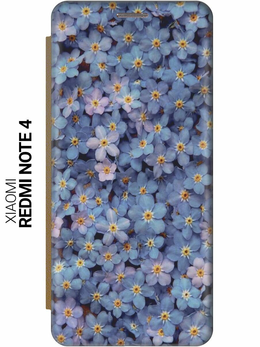 Чехол-книжка на Xiaomi Redmi Note 4, Note 4X, Сяоми Редми Ноут 4, Ноут 4Х c принтом "Голубые фиалки" золотистый