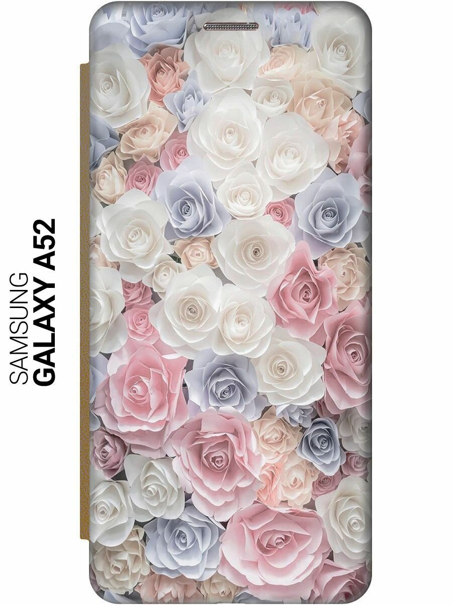 Чехол-книжка на Samsung Galaxy A52, Самсунг А52 c принтом "Пастельные розы" золотистый
