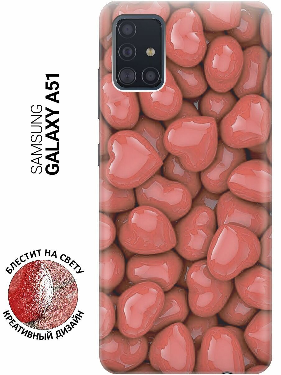 Силиконовый чехол на Samsung Galaxy A51, Самсунг А51 с эффектом блеска "Красные сердечки"