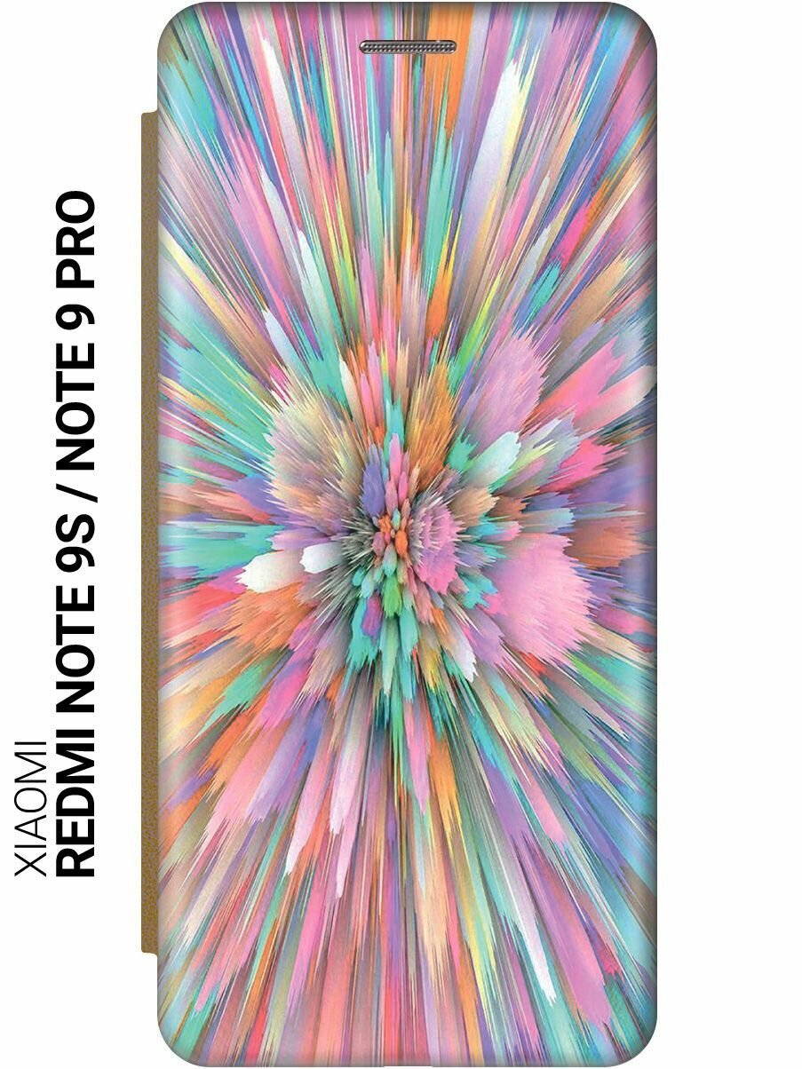 Чехол-книжка на Xiaomi Redmi Note 9s, Note 9 Pro, Сяоми Редми Ноут 9с, Ноут 9 Про c принтом "Красочный взрыв" золотистый