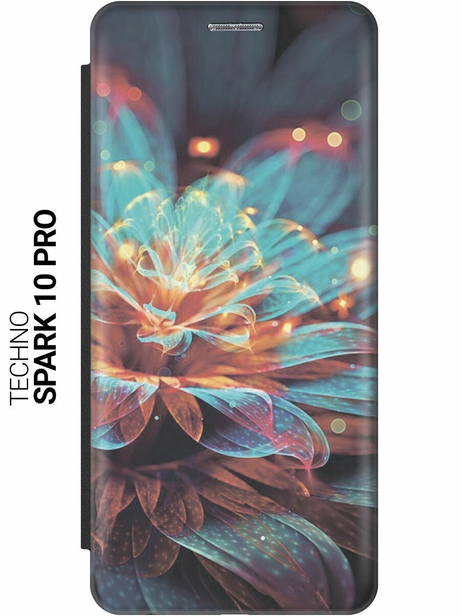 Чехол-книжка на Tecno Spark 10 Pro, Техно Спарк 10 Про c принтом "Магический цветок" черный