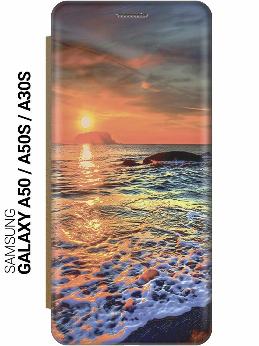 Чехол-книжка на Samsung Galaxy A50, A50s, A30s, Самсунг А50, А30с, А50с c принтом "Закат на море" золотистый