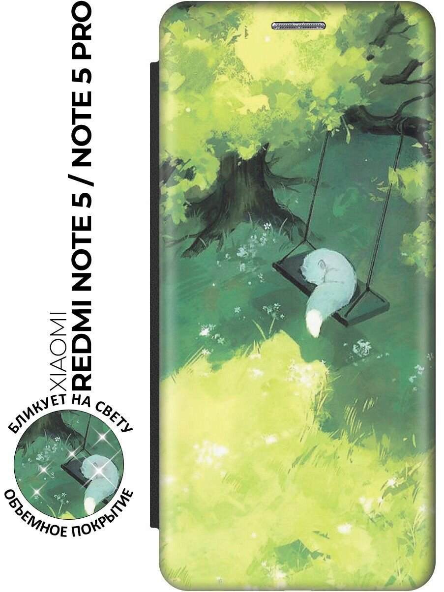 Чехол-книжка Песец на качелях на Xiaomi Redmi Note 5 / Note 5 Pro / Сяоми Редми Ноут 5 / Ноут 5 Про с эффектом блика черный