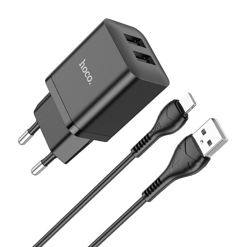 Сетевое зарядное устройство HOCO N25 Maker 2xUSB с кабелем USB - Lightning, 2.1A, черный