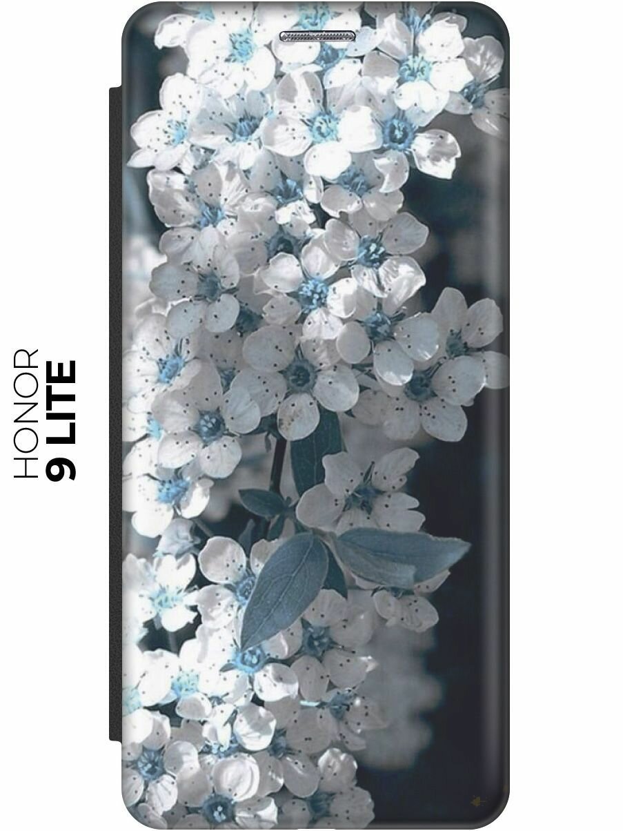 Чехол-книжка Бело-голубые цветочки на Honor 9 Lite / Хонор 9 Лайт черный