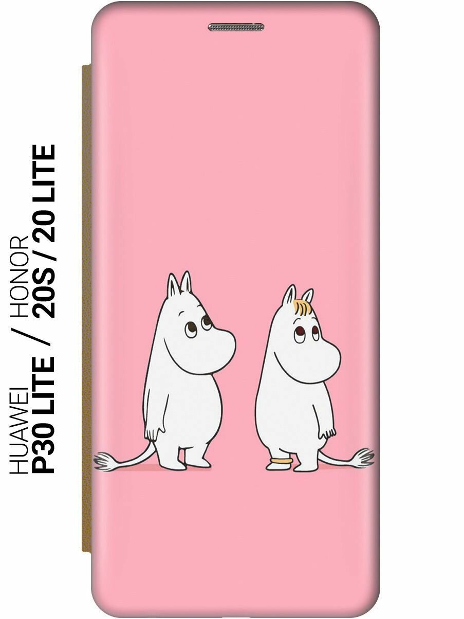 Чехол-книжка на Honor 20 Lite, 20s, Huawei P30 Lite, Хуавей П30 Лайт, Хонор 20 Лайт, 20s c принтом "Муми-тролли на розовом" золотистый