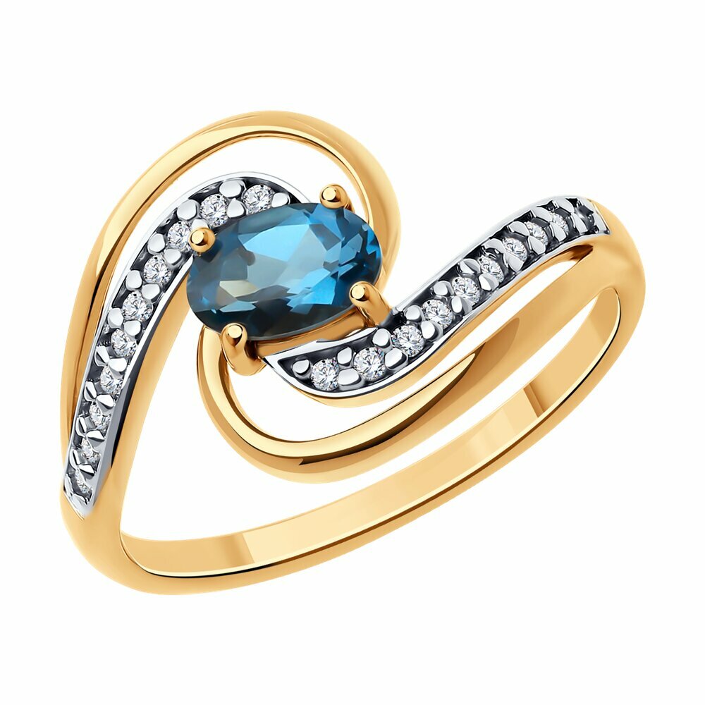 Кольцо, серебро, 925 проба, золочение, фианит, Лондон топаз