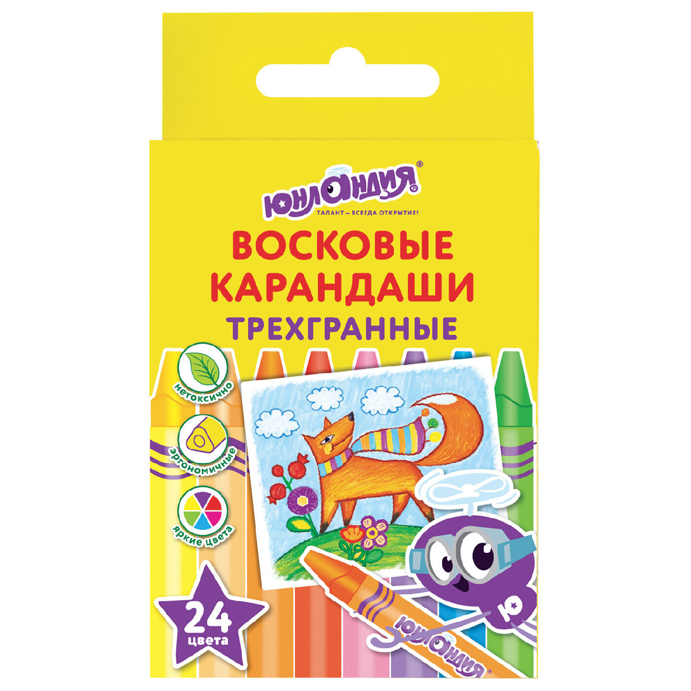 Восковые карандаши трехгранные юнландия "юнландик И мудрый ЛИС", набор 24 цвета, 227291