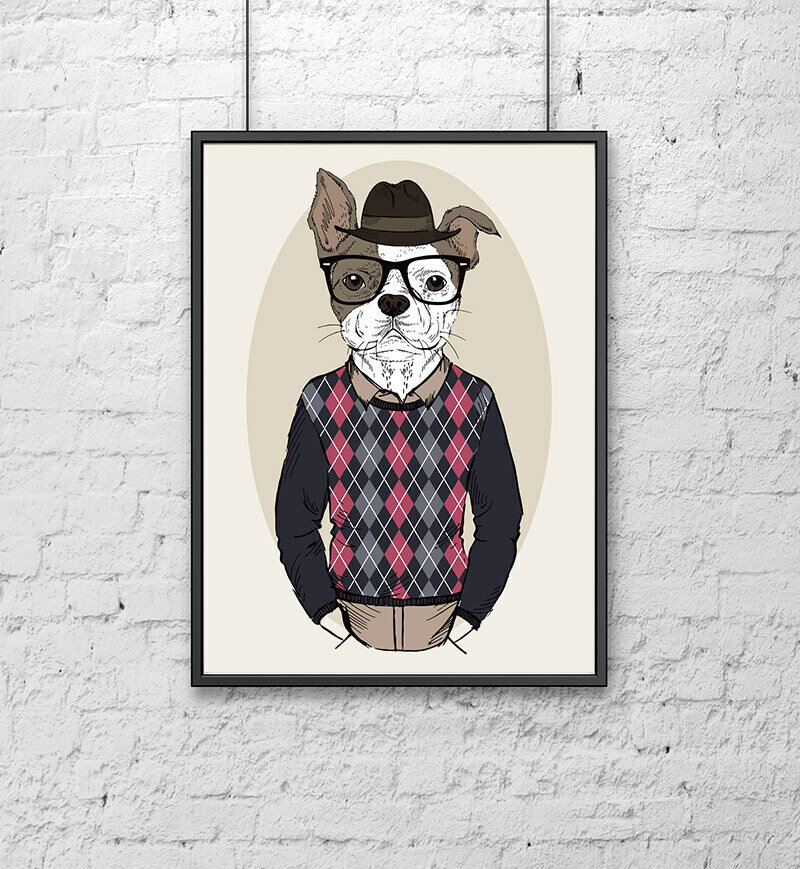 Постер для интерьера на стену (30х40 см). Звери-хипстеры - Бульдог / постеры картины для интерьера, постеры для интерьера, постер на стену, картина на стену, картина на кухню, плакат, декор и интерьер