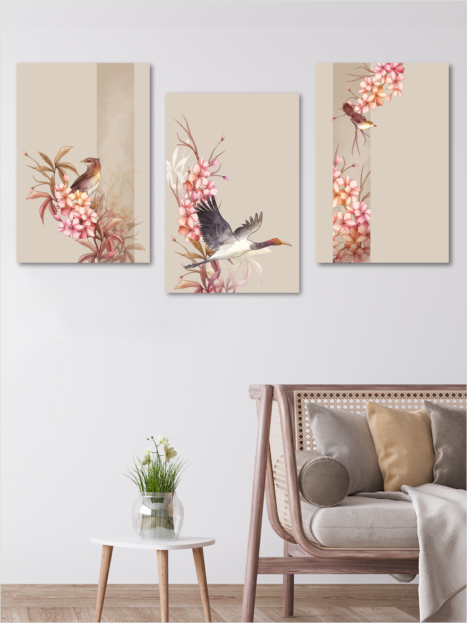 Модульная картина для интерьера на стену природа. Птицы на цветущей розовой ветке 40х60 см - 3 штуки на холсте на подрамнике