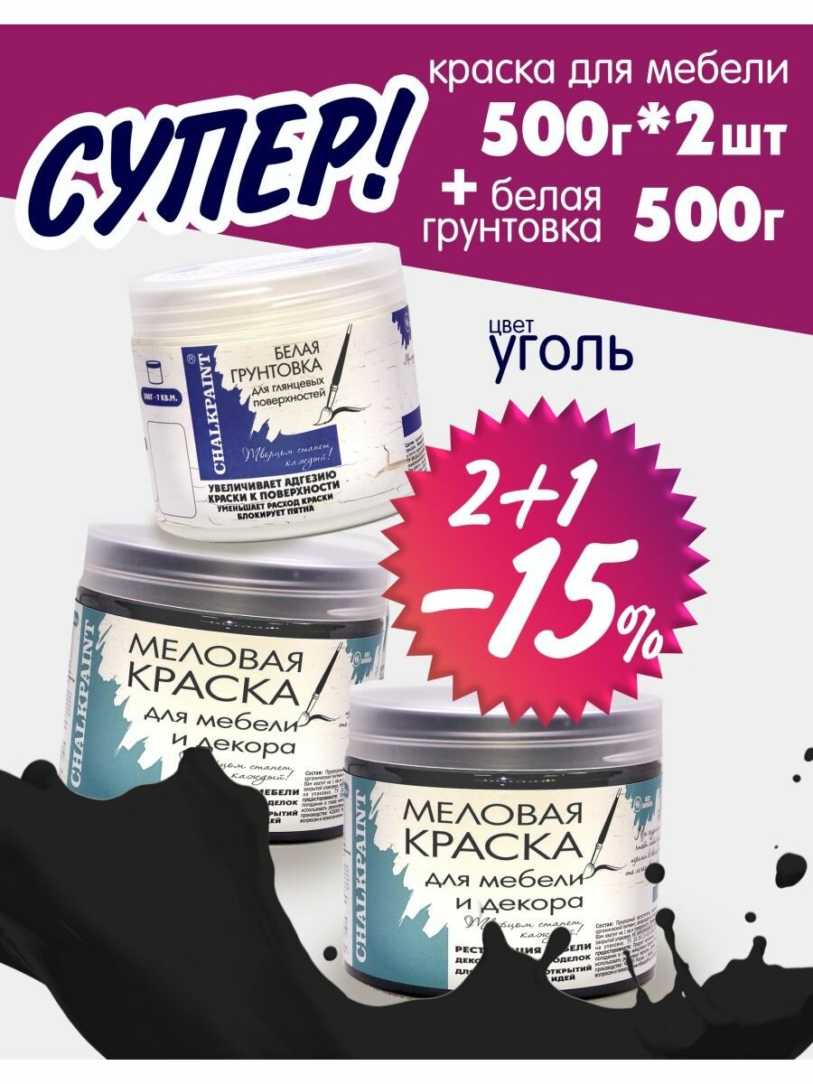 Краска Chalky Paint меловая для мебели 2х500 г, уголь + грунт 500 г