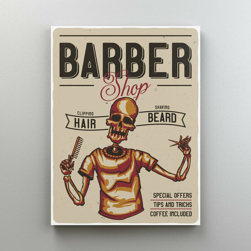 Интерьерная картина на холсте "Винтажный постер - Барбершоп и скелет" размер 22x30 см