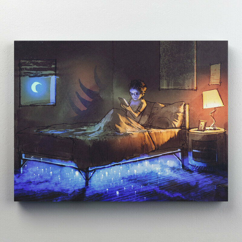 Интерьерная картина на холсте "Мальчик читает в постели" размер 60x45 см