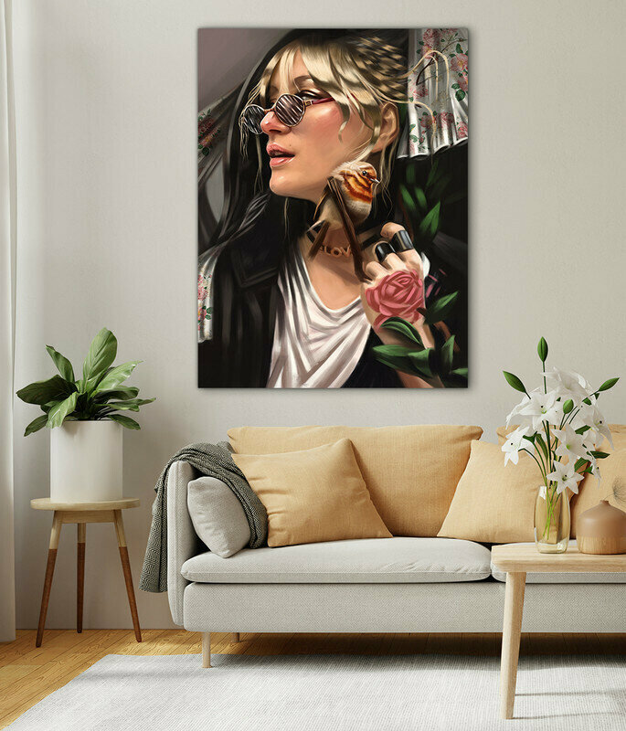 Интерьерная картина на холсте "Девушка в очках с птицей - арт" размер 22x30 см