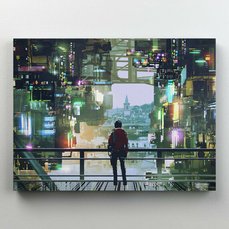 Интерьерная картина на холсте "Человек на балконе стоит и наблюдает за жизнью футуристического города" размер 30x22 см