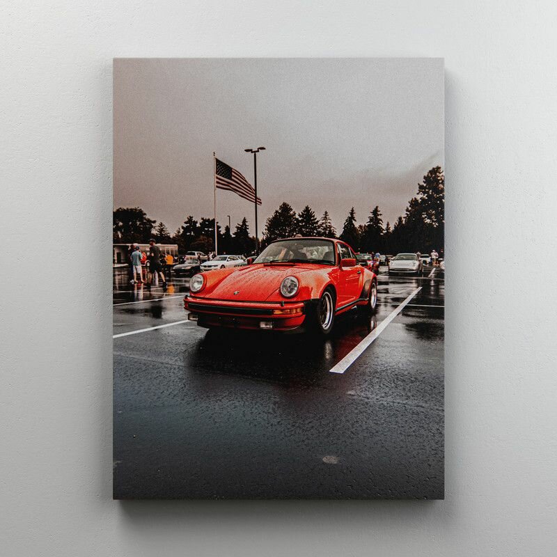 Интерьерная картина на холсте "Старенький спорткар - Porsche 930 под дождем" размер 30x40 см