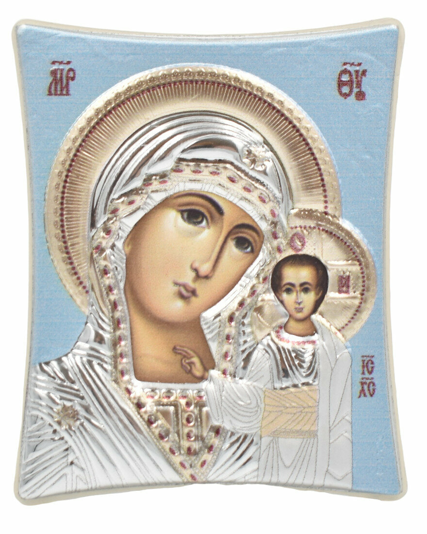 Икона "Казанская" / Божией Матери / Икона на дереве с серебрением / 8х9 см / Греция Slevory / 144TW4FWB