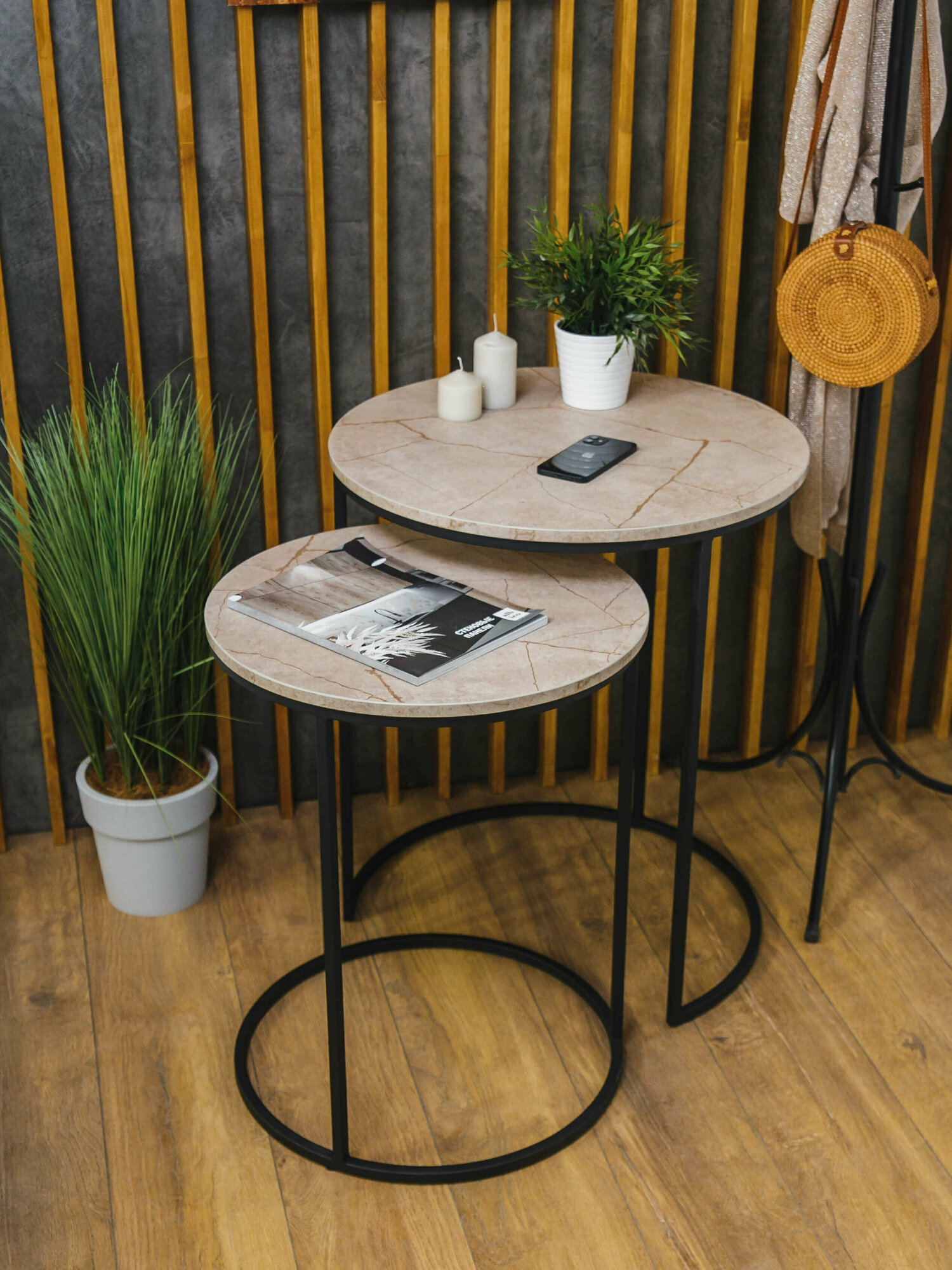 Комплект придиванный чайный столик для журналов и книг с металлической ножкой интерьерный, ЛДСП, стильный круглый стол