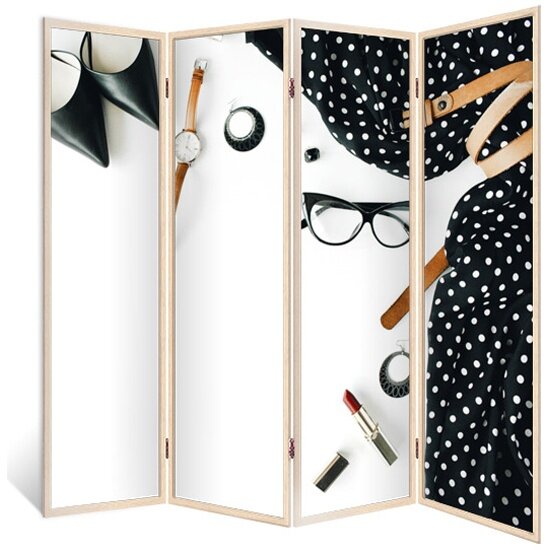 Ширма перегородка Декор Депо для комнаты деревянная "Диор и туфли" двухсторонняя с картинкой (мода и красота) 4 створки кремовый дуб 176х185 см 14 кг