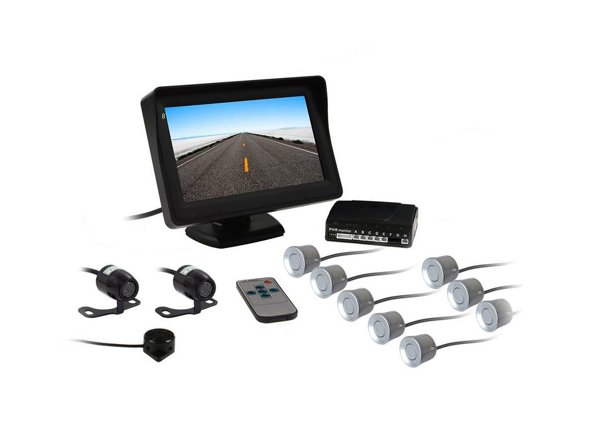 Парктроник с камерой заднего хода для авто MasterPark 041-8-P-SILVER (I33676PA) (с серебряными датчиками) с двумя камерами, восемью датчиками и мони
