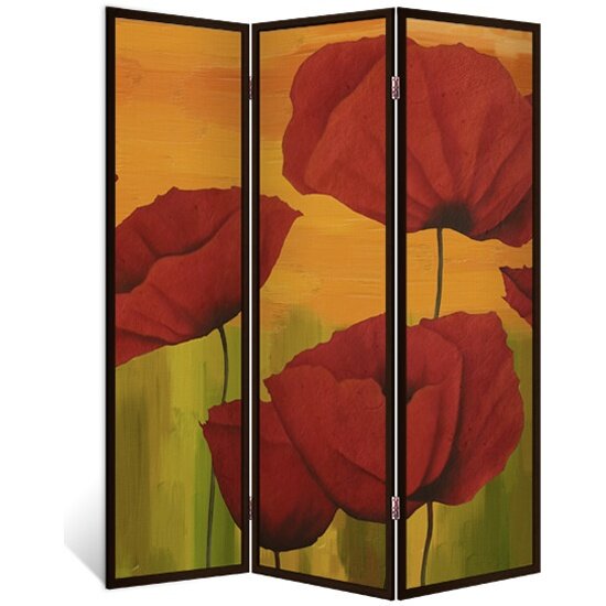 Ширма перегородка Декор Депо для комнаты деревянная "Солнечные маки" двухсторонняя с картинкой (цветы) 3 створки венге 176х140 см 11 кг