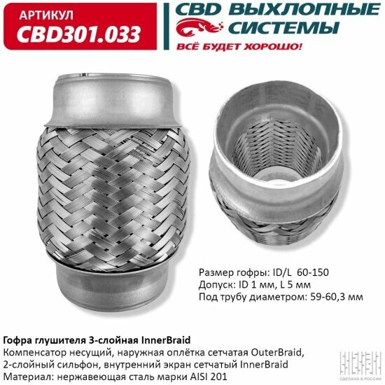 Гофра глушителя 3-слойная Cbd InnerBraid 60-150, 301.033