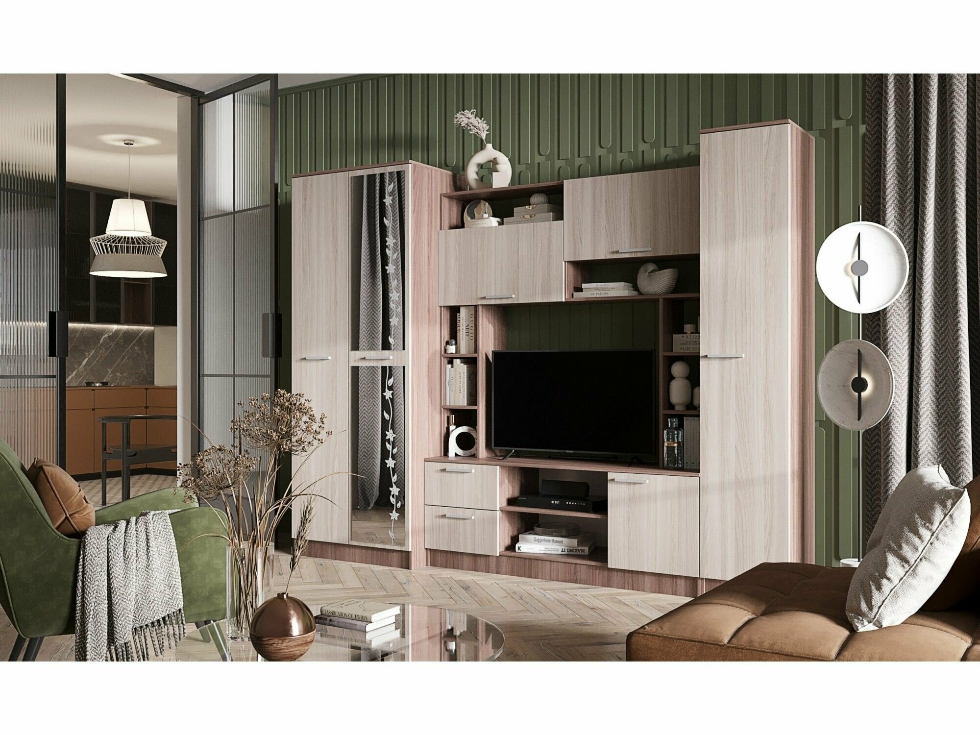 Стенка для гостиной "Флора" Ясень шимо светлый/Ясень шимо темный