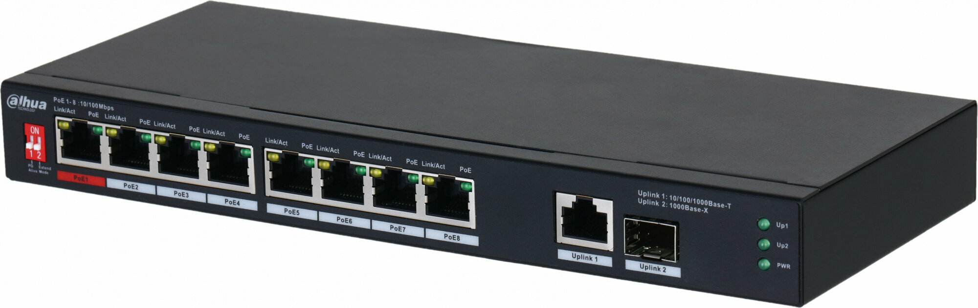 Коммутатор Dahua DH-PFS3110-8ET1GT1GF-96, 8-портовый 1000 Мбит/с коммутатор с PoE, неуправляемый, настольный, черный
