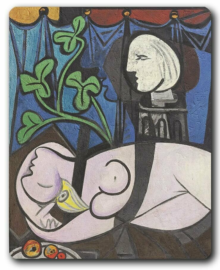 Репродукция/Картина/Пабло Пикассо "Обнаженная, зеленые листья и бюст"/Интерьерная фреска на доске/30х24см