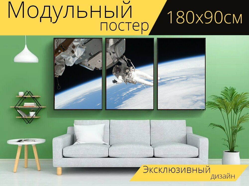 Модульный постер "Космонавт, международная космическая станция, выход в открытый космос" 180 x 90 см. для интерьера