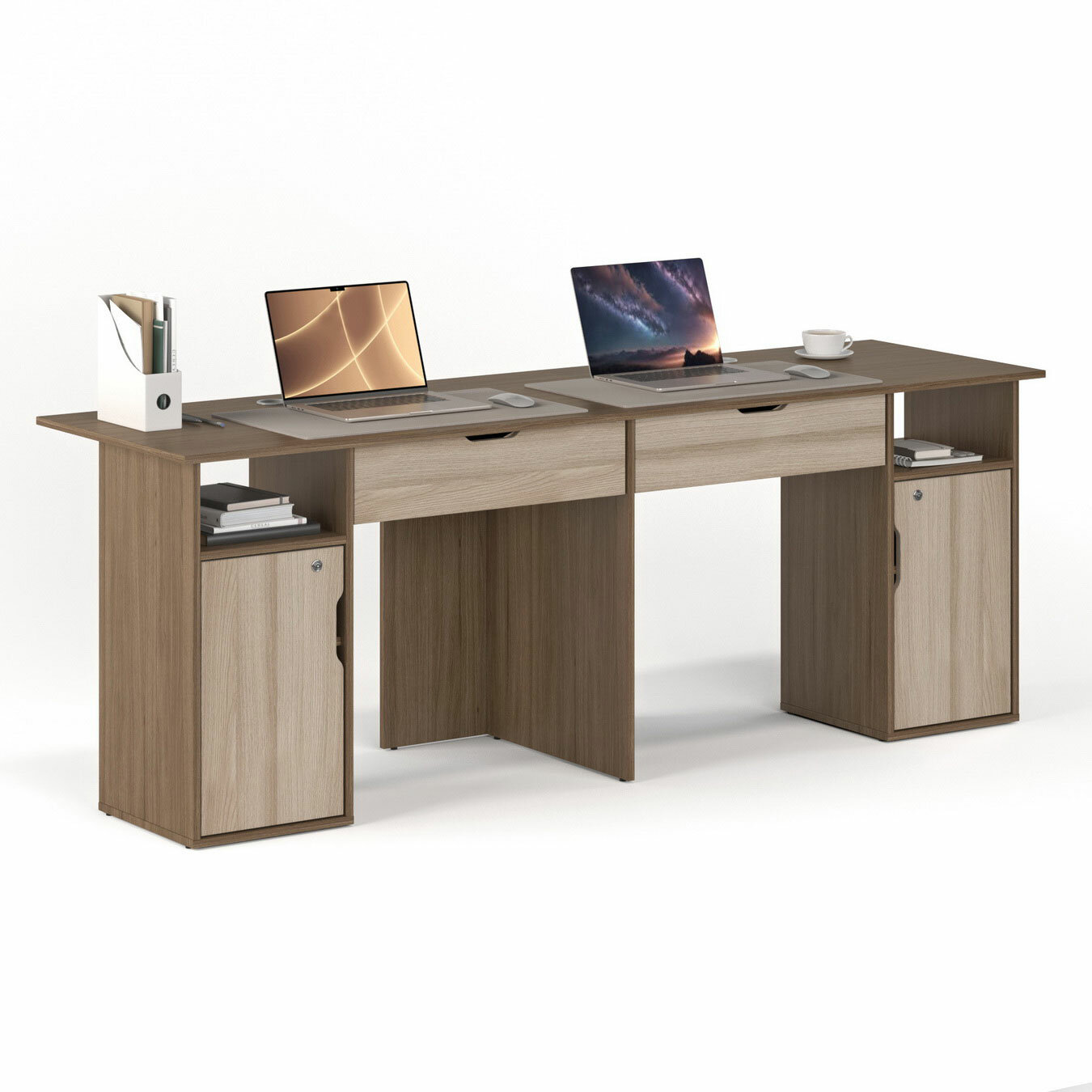 Письменный стол для двоих 208х60 МагМебель №81Я ясень тёмный + ясень светлый