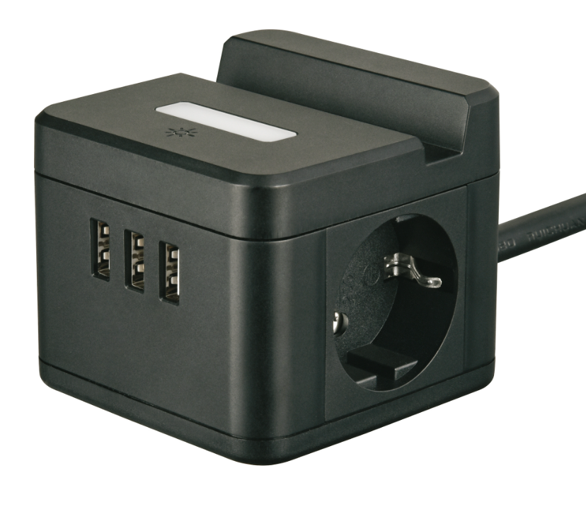 Удлинитель серии "КУБ" Standard. с-з. шнур 1.5м. 2 гнезда. 3 USB. 16А. держатель для телефона. Черный. Uniel Черный.