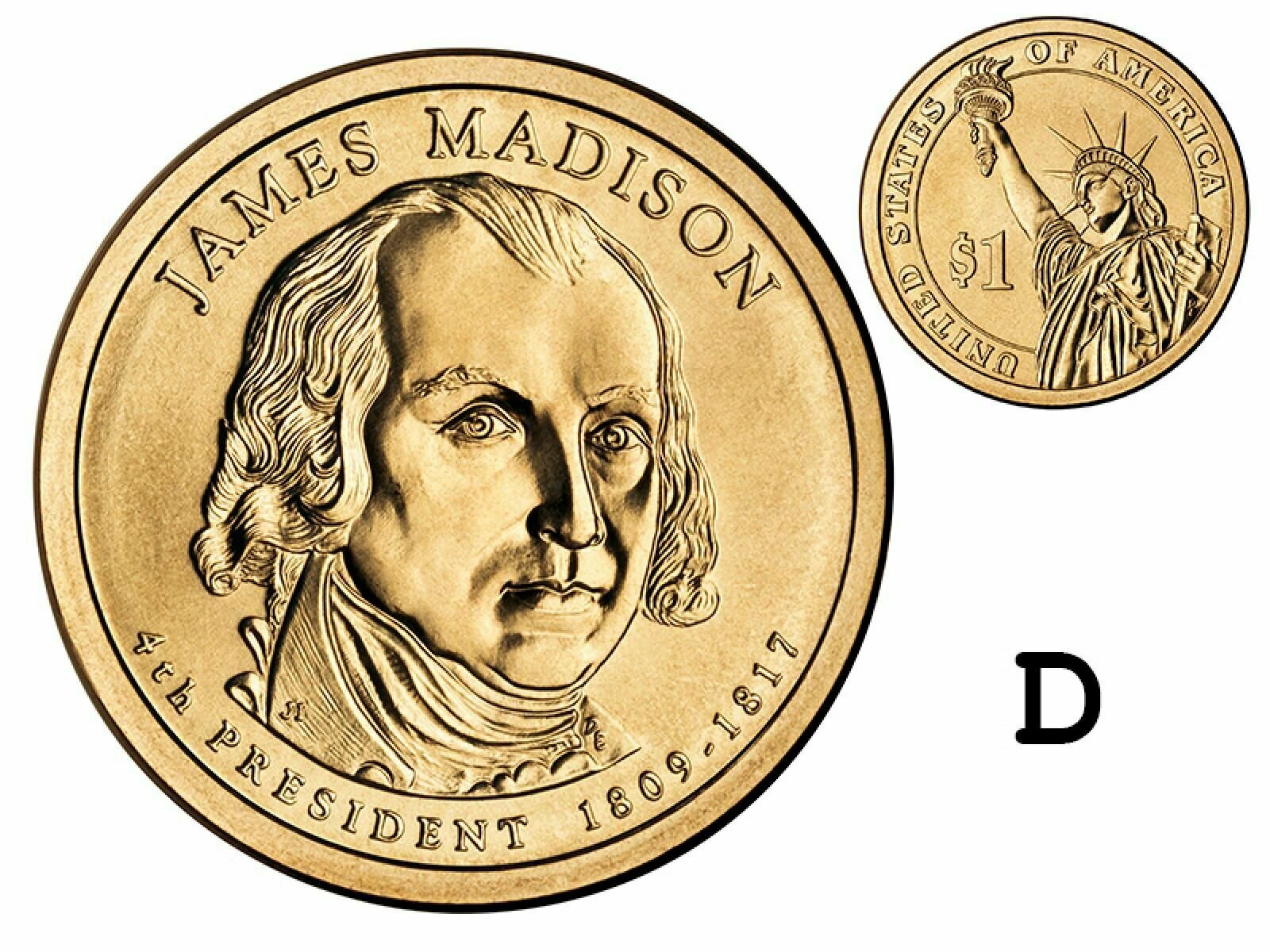 1 доллар США 2007 г, 4-й президент Джеймс Мэдисон (D)