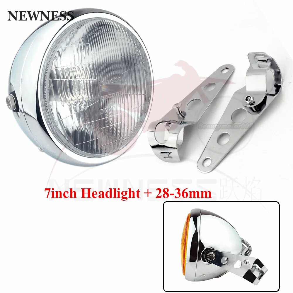 7-дюймовые круглые фары для мотоцикла, фары головного света, H4 Hi/Low галогенные фары для старой школы + кронштейн для крепления для Honda Yamaha Suzuki Kawasa Silver 28-36mm Clamp