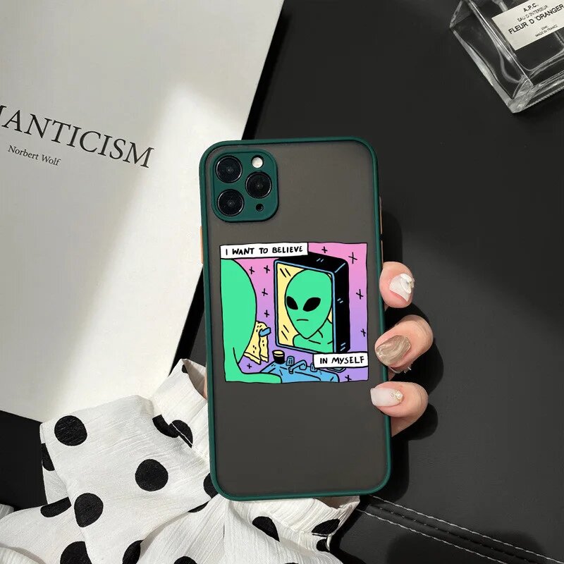 Чехол JAMULAR для iPhone 15 14 13 12 11 Pro XS MAX SE2 XR Plus, прозрачный жесткий матовый чехол с мультяшным изображением инопланетянина, космоса, эстетика Style 4, for iPhone 13
