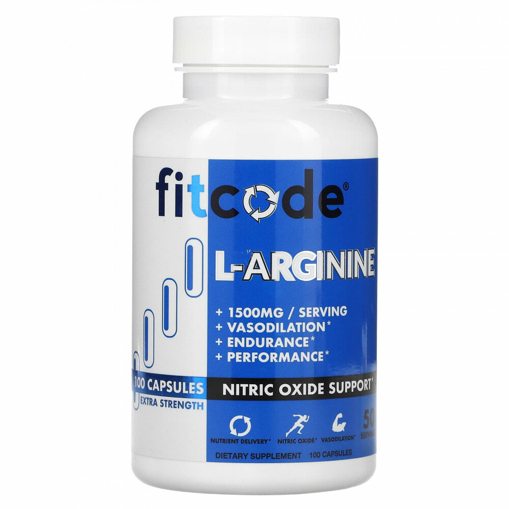 Fitcode, L-аргинин, 100 капсул (750 мг в 1 капсуле)