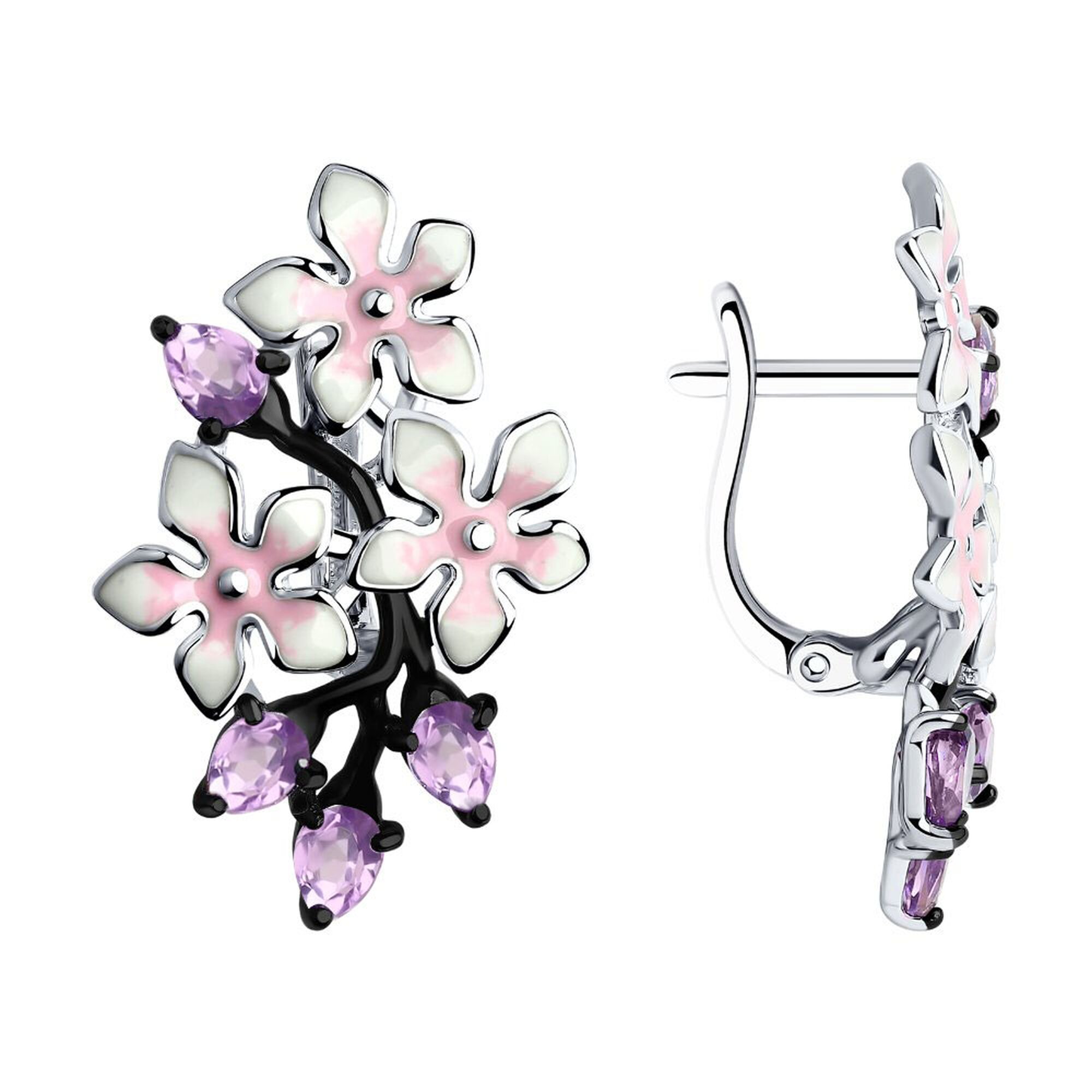 Серьги, серебро, 925 проба, родирование, эмаль, аметист