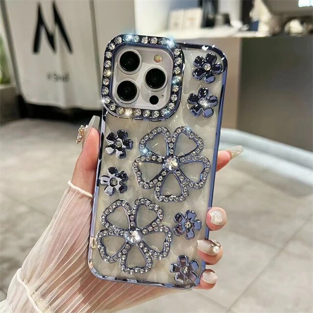 Чехол iPhone 15 Pro Blue Diamond Case с цветами и стразами