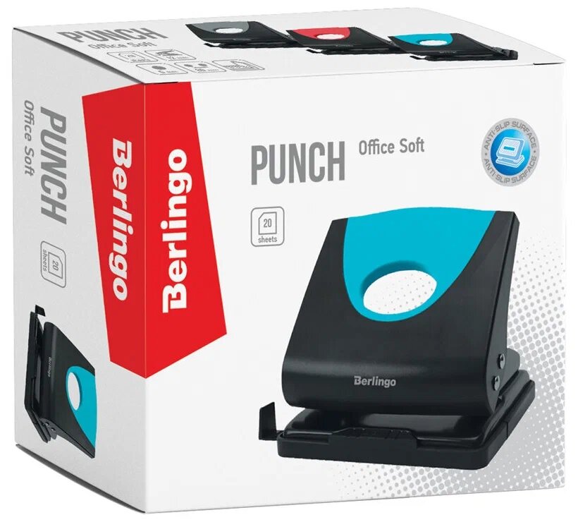 Дырокол пластиковый с линейкой 20л Berlingo черный с голубым DDp_20162