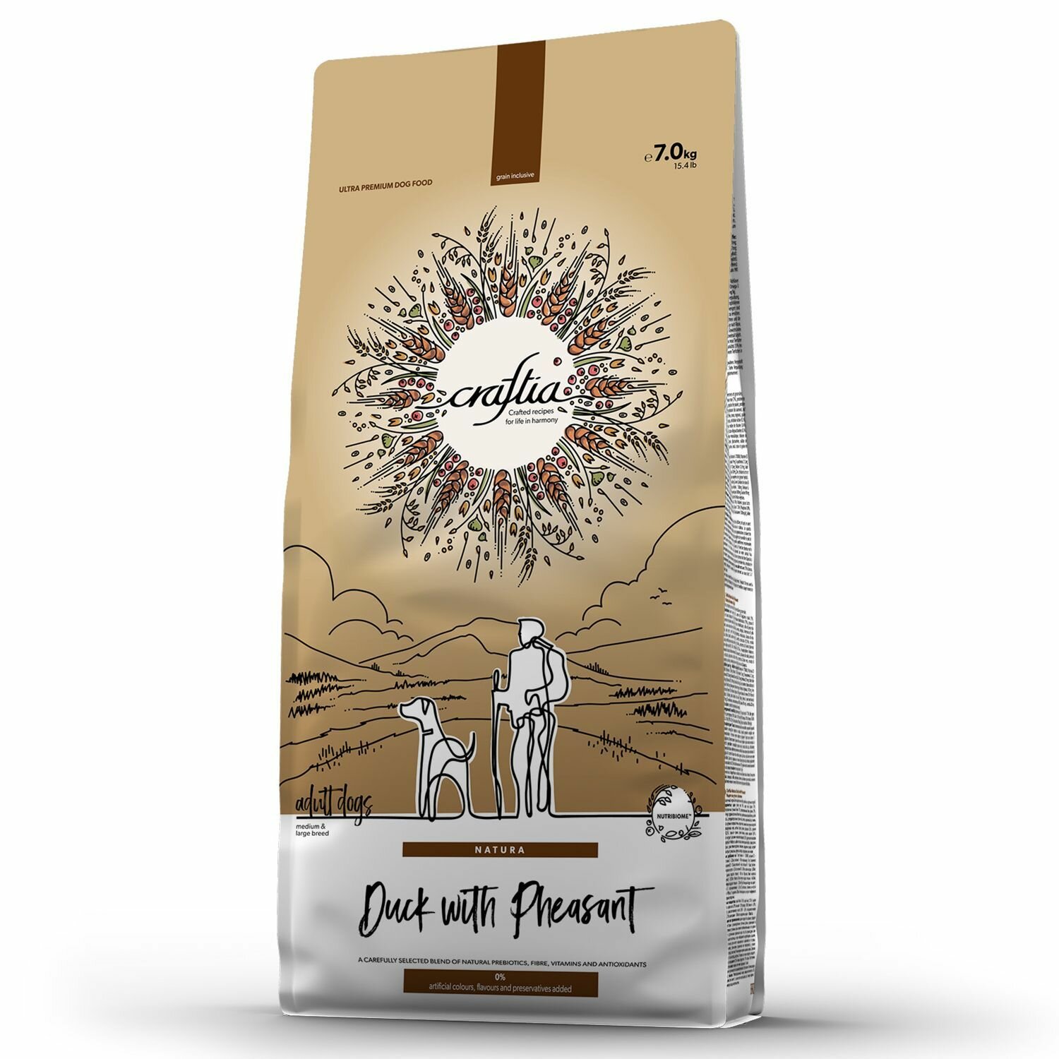 Сухой корм CRAFTIA NATURA для взрослых собак средних и крупных пород из утки с фазаном, 7 кг