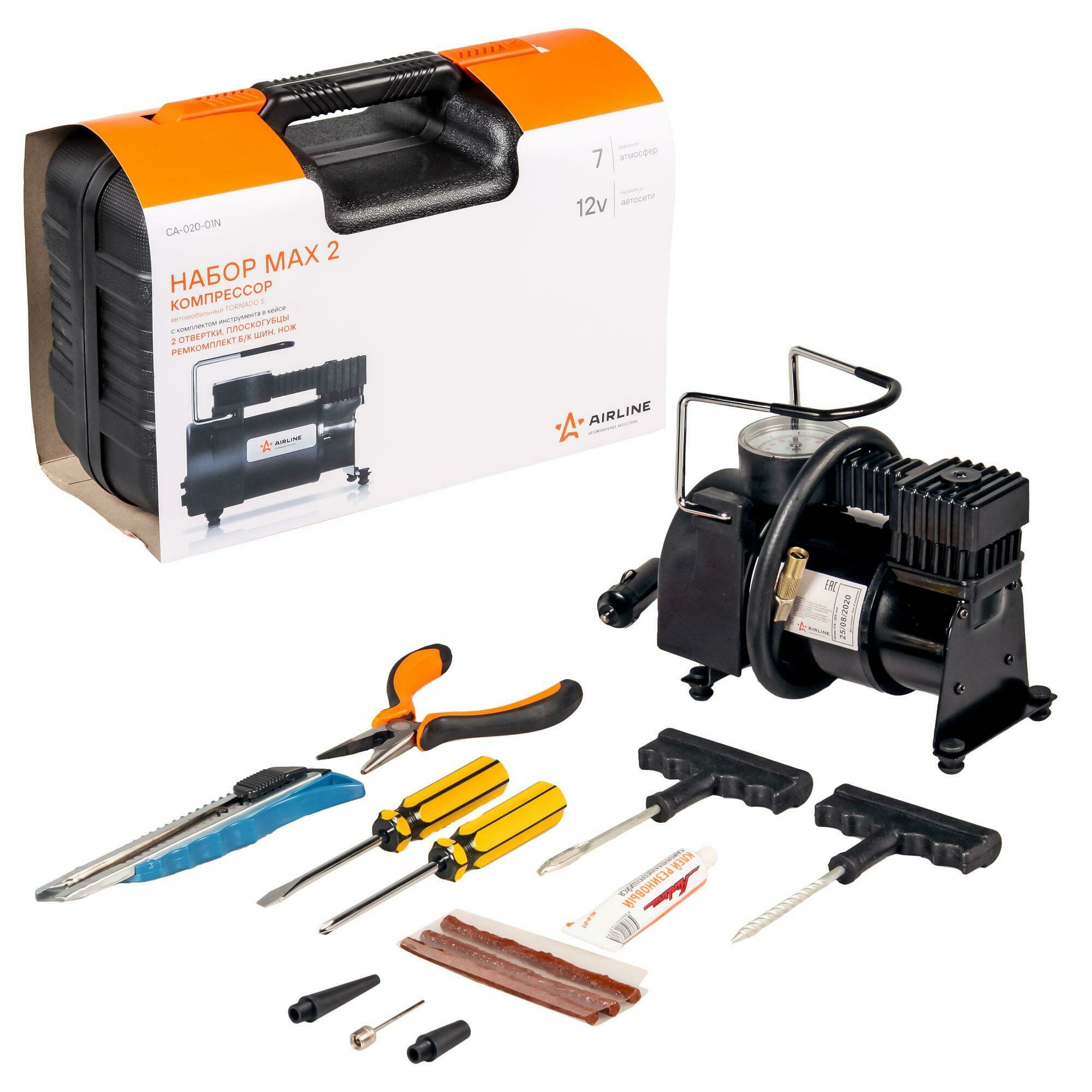 Компрессор TORNADO S с кмпл инстр. в кейсе (2отверт, ремкомп. б/к шин, нож, плоcкогуб.) (CA-0 AIRLINE