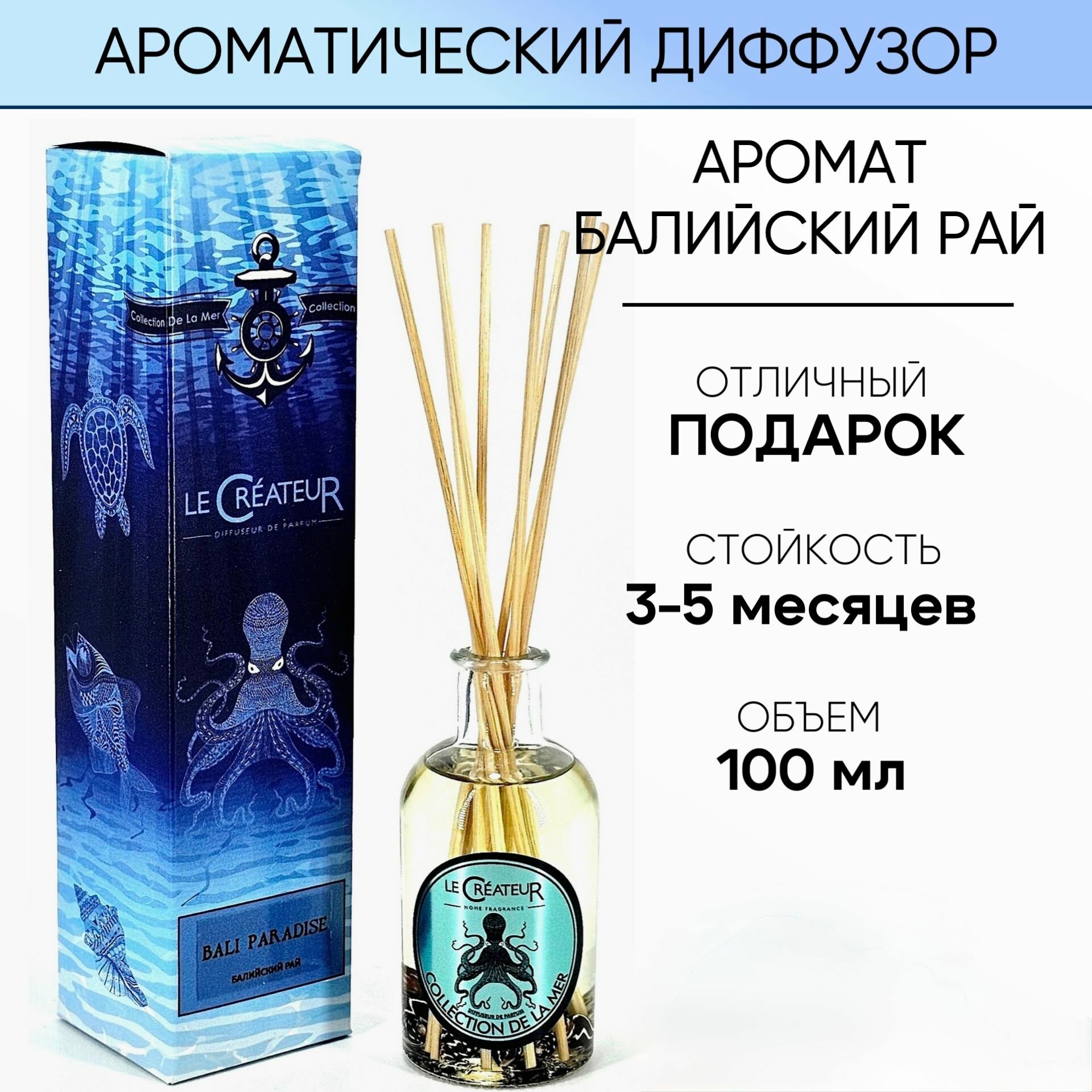 Ароматический диффузор для дома с палочками LE CREATEUR "Балийский рай" 100 мл