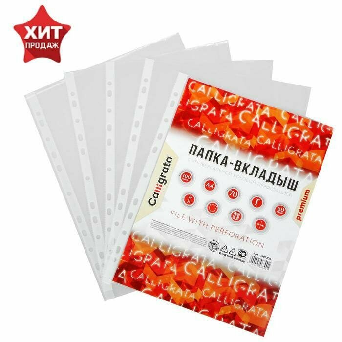 Файл-вкладыш Calligrata А4, 60 мкм, "Супер-люкс", глянцевый, вертикальный, 100 штук, микс 2506300