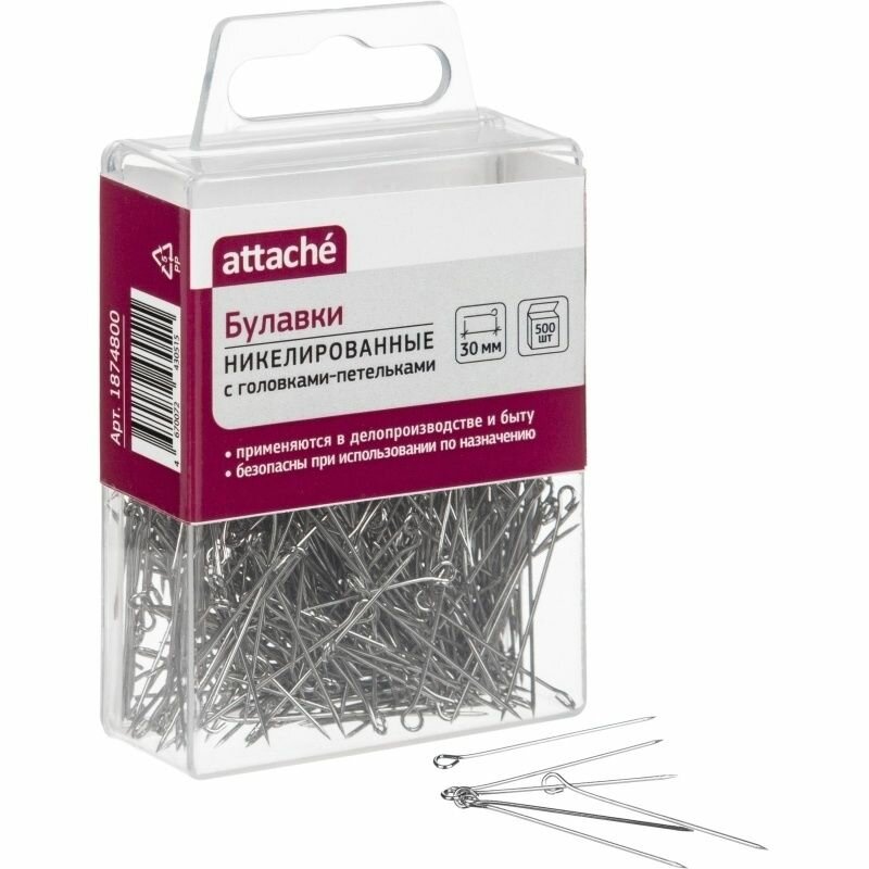 Булавки Attache Универсальные с головками-петельками никелированные, 30 мм, в пластиковой коробке, 500 шт (P036030P)