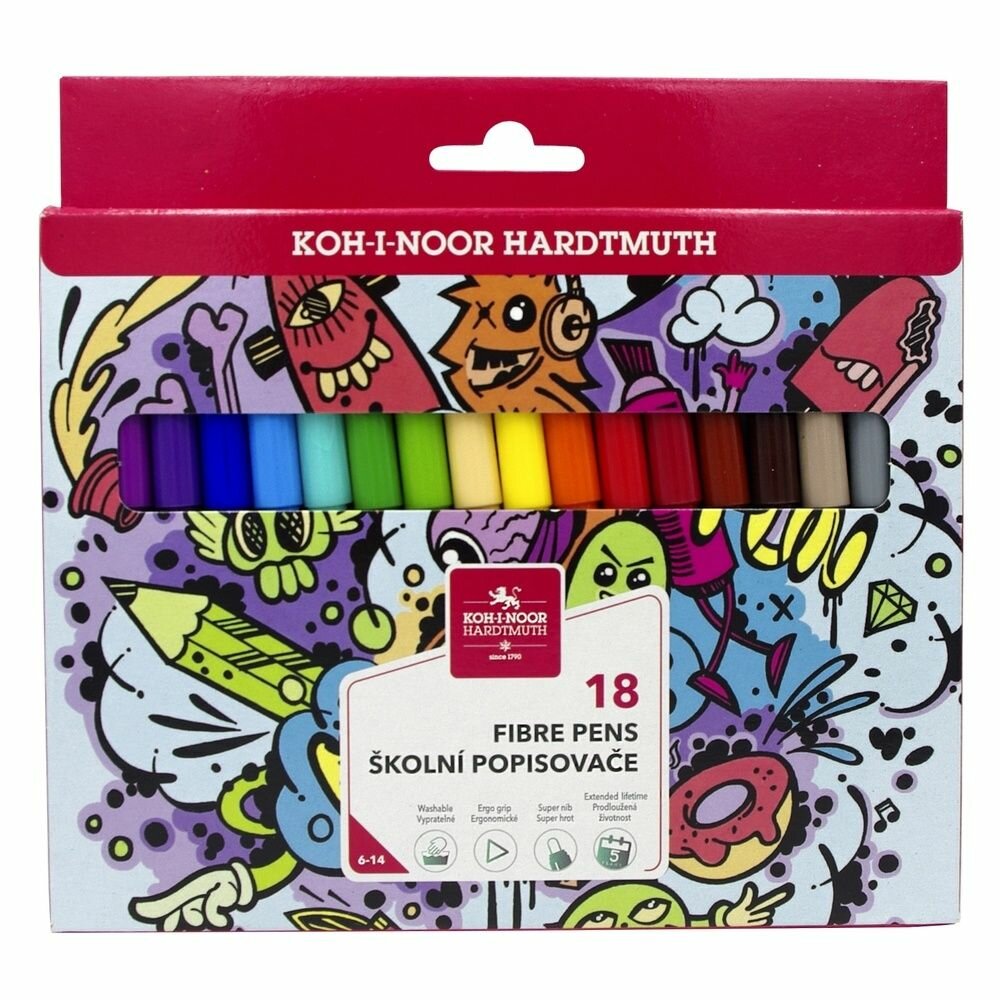 Набор фломастеров KOH-I-NOOR teenage, классические, 18 цветов, круглый корпус, легкосмываемые, картонная упаковка (771002AH23KS)