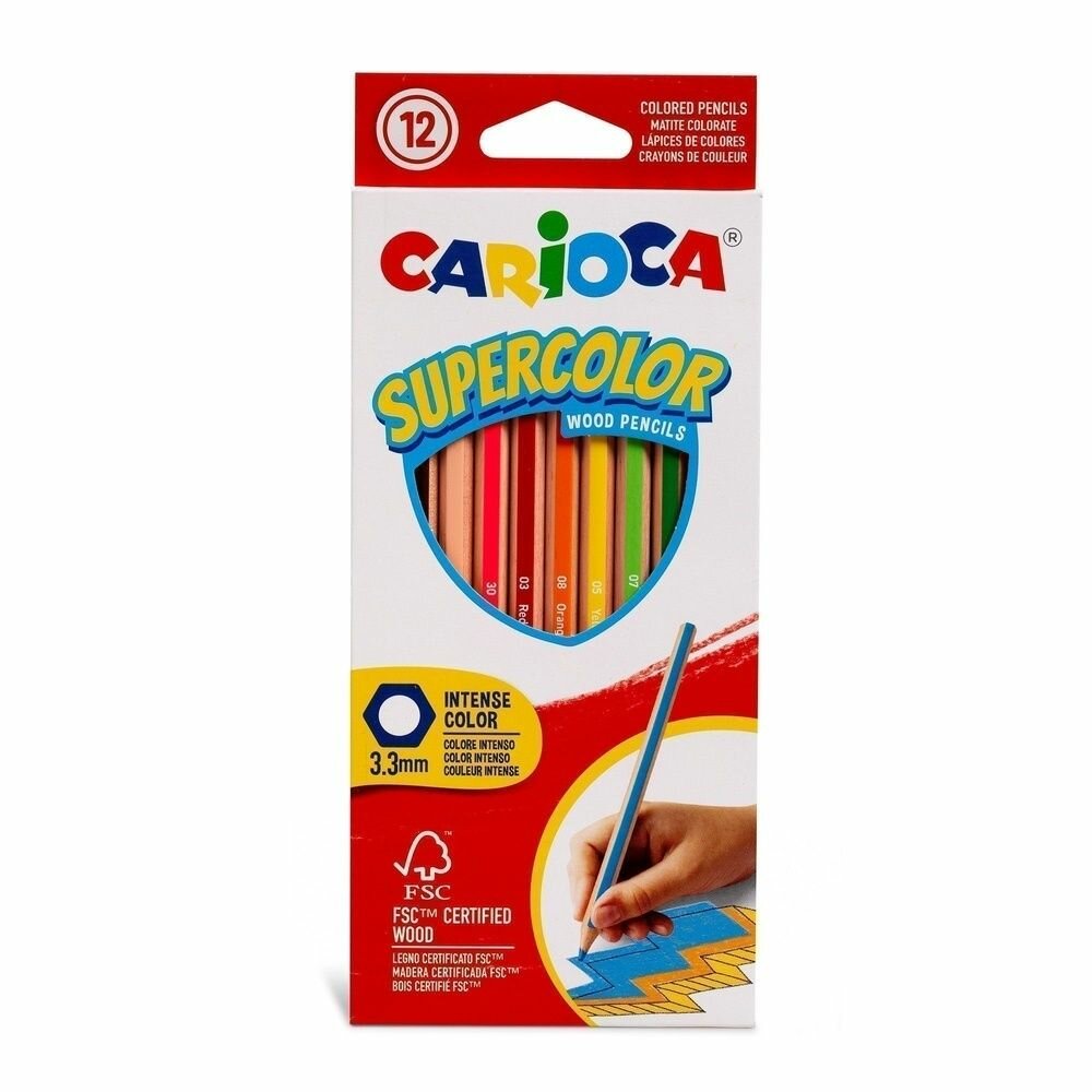 Набор цветных карандашей Carioca SUPERCOLOR, 12 цветов, шестигранный корпус, деревянные, картонная упаковка (43391)