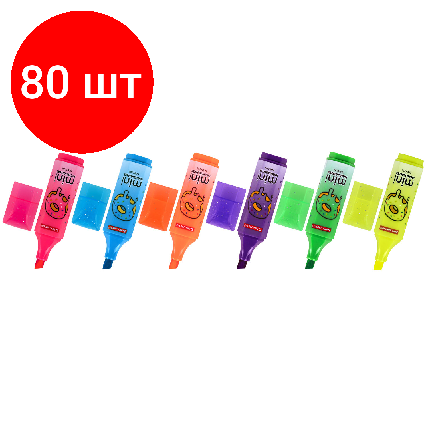 Комплект 80 шт, Текстовыделитель мини с принтами BRAUBERG "NEON", ассорти В пластиковой банке, 1-5 мм, 152535