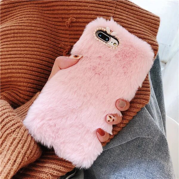 Пушистые плюшевые теплые чехлы для сотовых телефонов для iPhone 6 6S 7 8 plus Чехлы из ТПУ с кроликом для iPhone X XR XS MAX 11 12 13 14 15 Pro Max Розовый, pink, for iphone 7