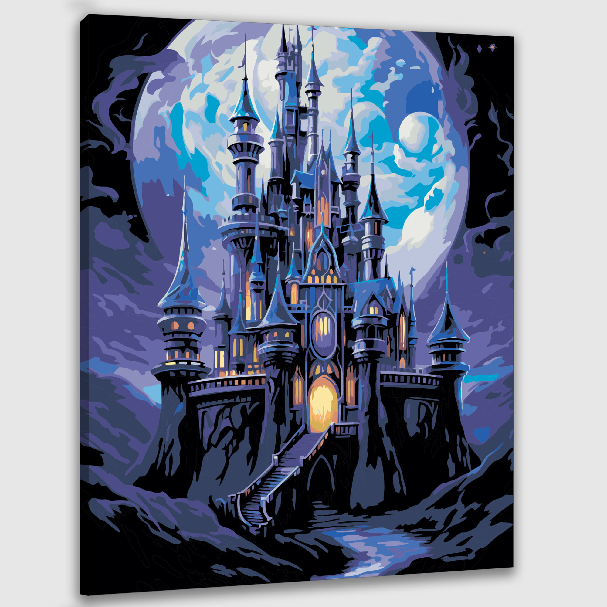 Картина по номерам 40x50 см, цифровая картина, замок, лунный свет, скала, море, полная луна, ночное небо, синий, шпили