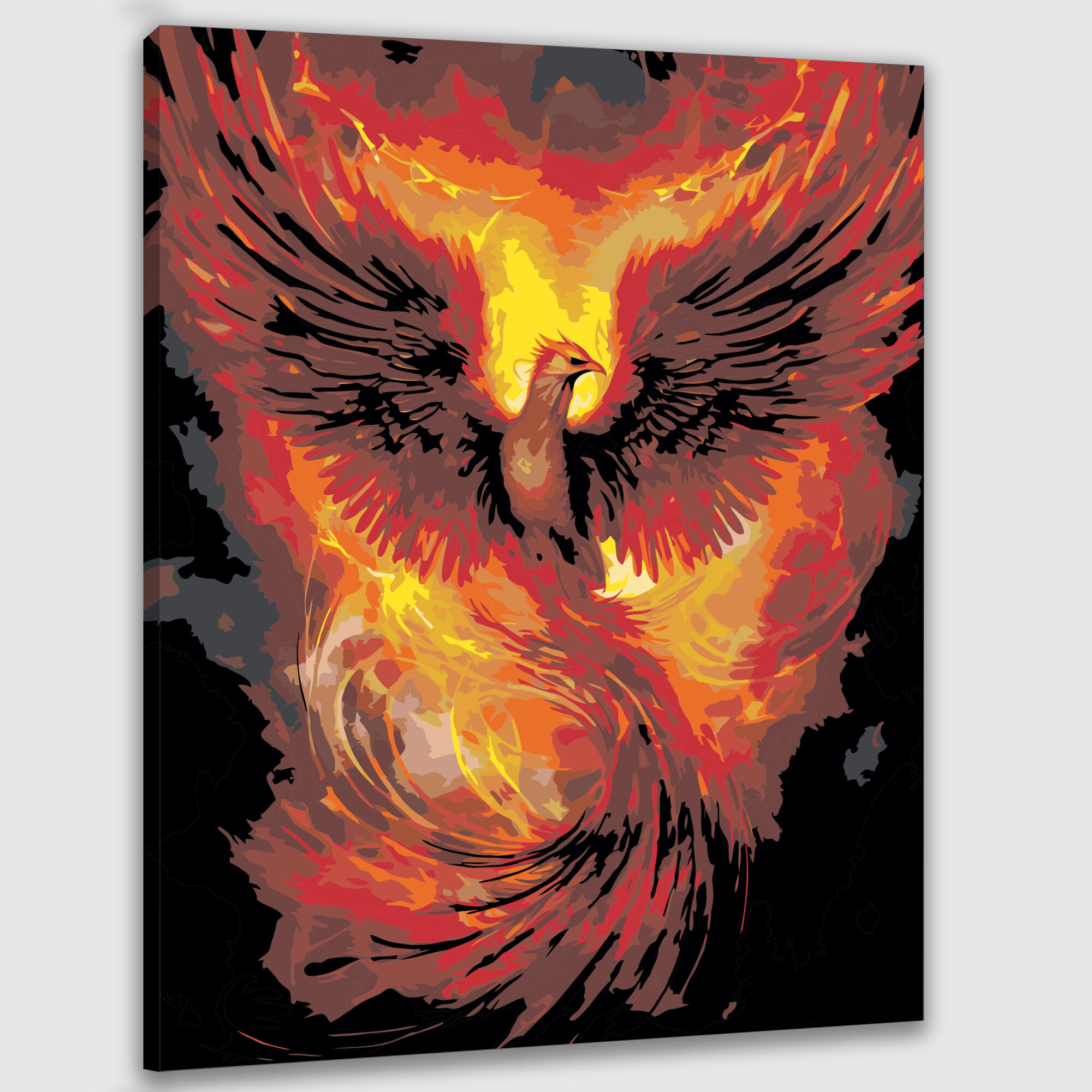 Картина по номерам 40x50 см, феникс, оперение, крылья, огонь, возрождение, смешанная техника, яркие оттенки, красный